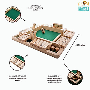 GrowUpSmart 4-Way Shut The Box Dice Game (2-4 Players) for Kids + Adults [4 Sided Large Wooden Board Game, 8 Dice + Shut-The-Box Rules] Smart Game for Learning Numbers, Strategy + Risk Management