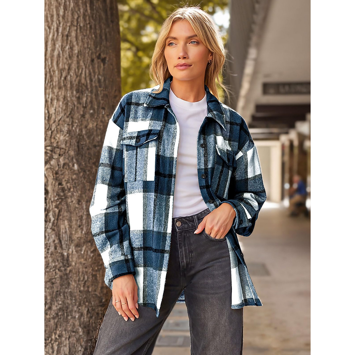 AUTOMET Womens Fall Outfits Fashion Clothes Shackets Flannel Plaid Button Down Long Sleeve Shirts Jackets Blue L