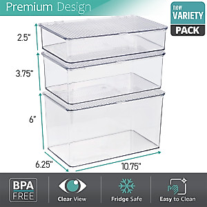 Sorbus Durable Plastic Storage Bins with Lids- Stackable Refrigerator Organizer Bins- MultiPurpose & Versatile- Lightweight Pantry Organizer- Cabinet Organizers and Storage for Kitchen- 3 Pack (L,M,S)