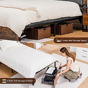 COMHOMA Twin Size Bed Frame, Platform Bed Frame with 2 Storage Drawers, Power Outlets, 2-Tier Storage Headboard and LED, Strong Support, No Box Spring Needed