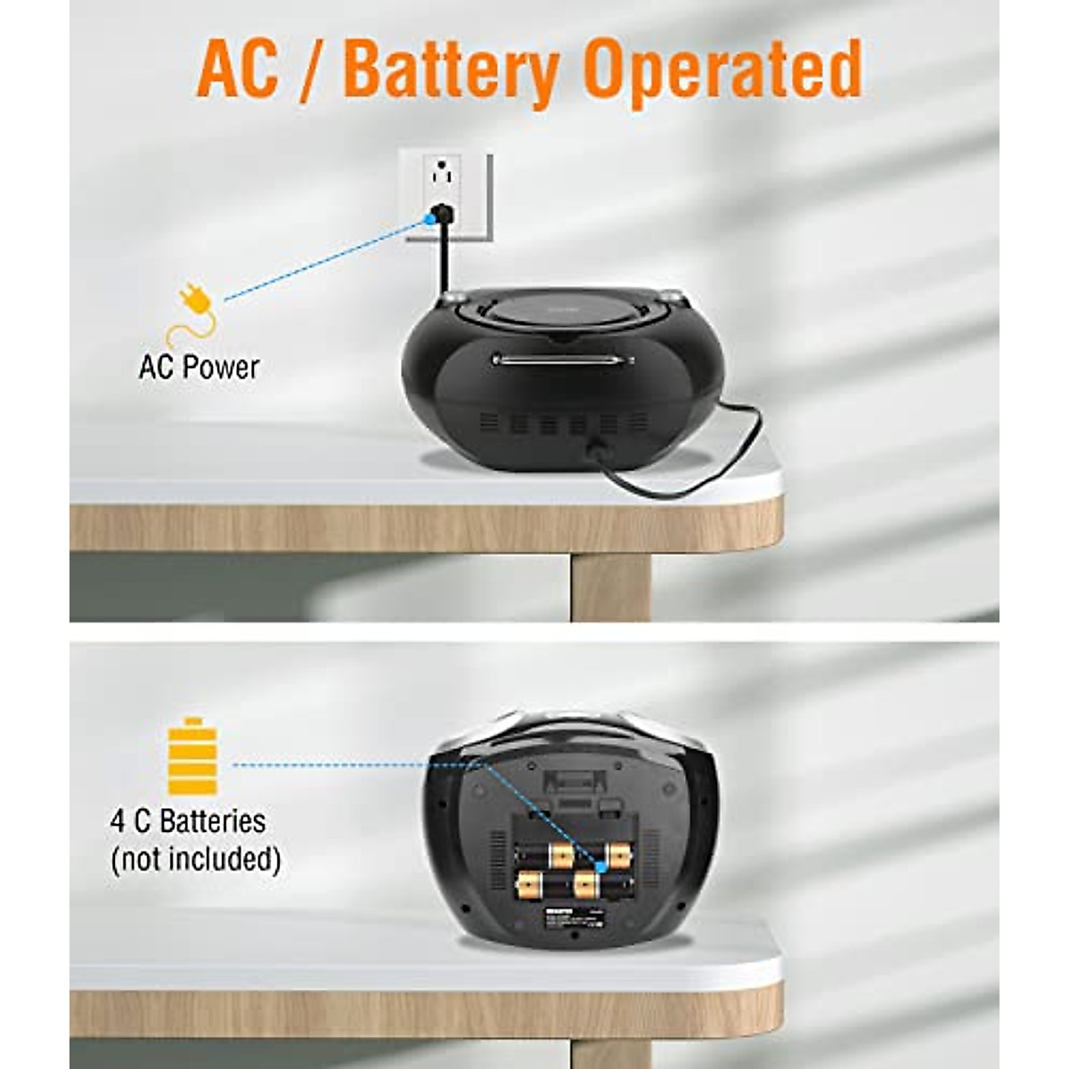 MEGATEK Portable CD Player Bluetooth Boombox with FM Radio, USB, Aux and Headphone Jack, CD-R/RW and MP3 CDs Compatible, Stereo System for Home with Dual Speakers, AC/Battery Operated - Black