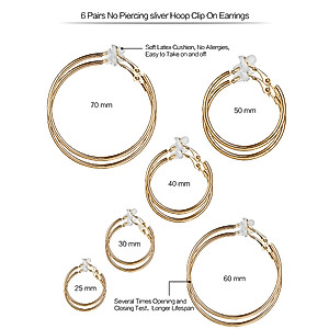 6 Pairs Earrings Clip On Earrings Non Piercing Earrings Set for Women and Girls, 6 Sizes (Gold Color)