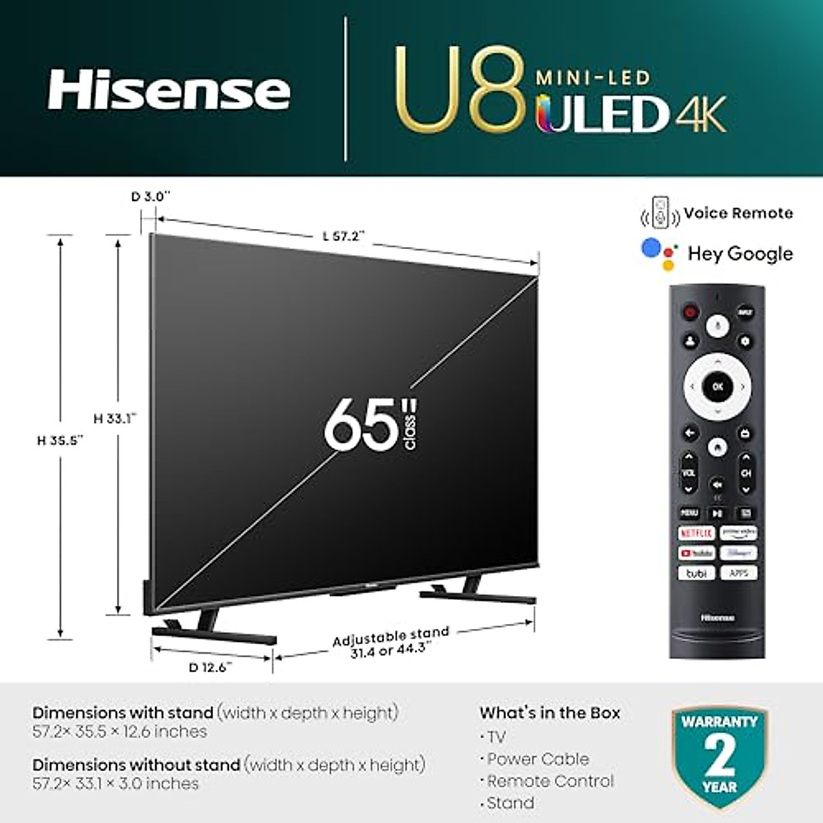 Hisense 65-Inch Class U8 Series Mini-LED ULED 4K UHD Google Smart TV (65U8K) - QLED, 480 Motion Rate, 144Hz Game Mode Pro, Dolby Vision IQ, HDMI 2.1, Alexa Compatibility, 2.1.2 Multi-Channel Audio