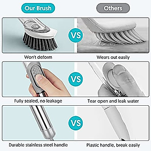 Soap Dispensing Dish Brush Set - FORSPEEDER Kitchen Brush with Stand 3 Brush Replacement Heads Stainless Steel Handle, Dish Wand Scrub Brush for Dishes Sink Pot Pan Cleaning
