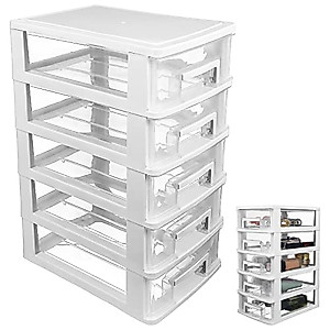 TOYANDONA Storage Cabinet 5 Drawer Plastic Storage, Storage Organizer Plastic Storage Bins with Drawers Space Saving Desktop Organizer for Crafts Small Tools Sationary and Hardware -White Bookshelf