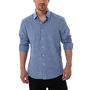 Manwan walk Men's Plaid Button Down Shirts Regular Fit Long Sleeve Casual Business Shirts Dark Blue XXL