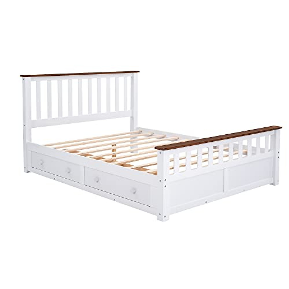 Harper & Bright Designs Queen Bed with 2 Storage Drawers, Solid Wood Queen Size Platform Bed with Headboard and Footboard, Queen Storage Bed Frame for Teens, Adults,White+Walnut
