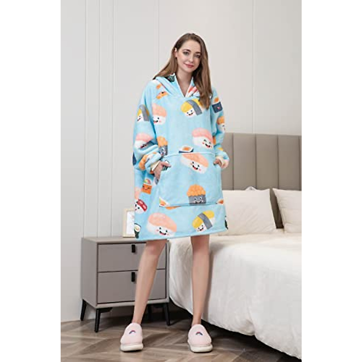 Wearable Blanket Hoodie, Oversized Sherpa Hooded Blanket Sweatshirt Extremely Cozy, Warm, Soft and Fuzzy Hoodie Blanket (Sushi Blue)