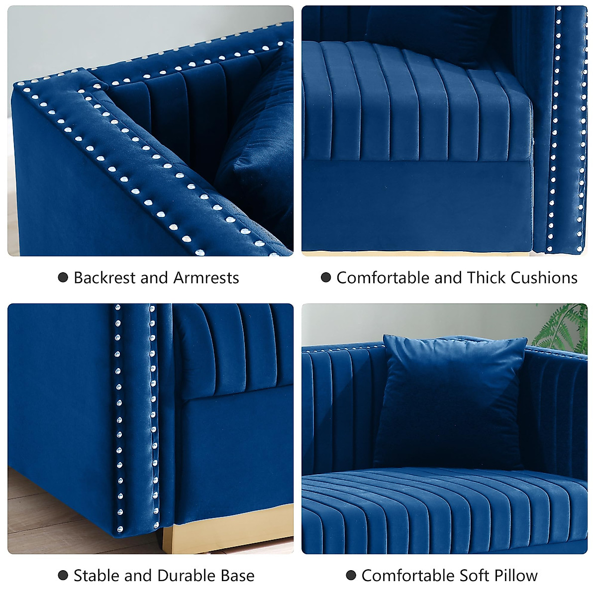 mikibama Luxury Velvet Sofa Set for Living Room, Modern Decor Furniture Channel Sofa Couch and Loveseat with Nailhead Gold Metal Legs and 4 Pillows for Bedroom, Hall, Blue