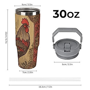 BWQJKUO Large Capacity Car Cup 30 Oz Stainless Steel Old Rooster Illustration Printed Travel Mug Leak-proof Flip Straw Tumbler with Handle,keeps Cold Or Ho