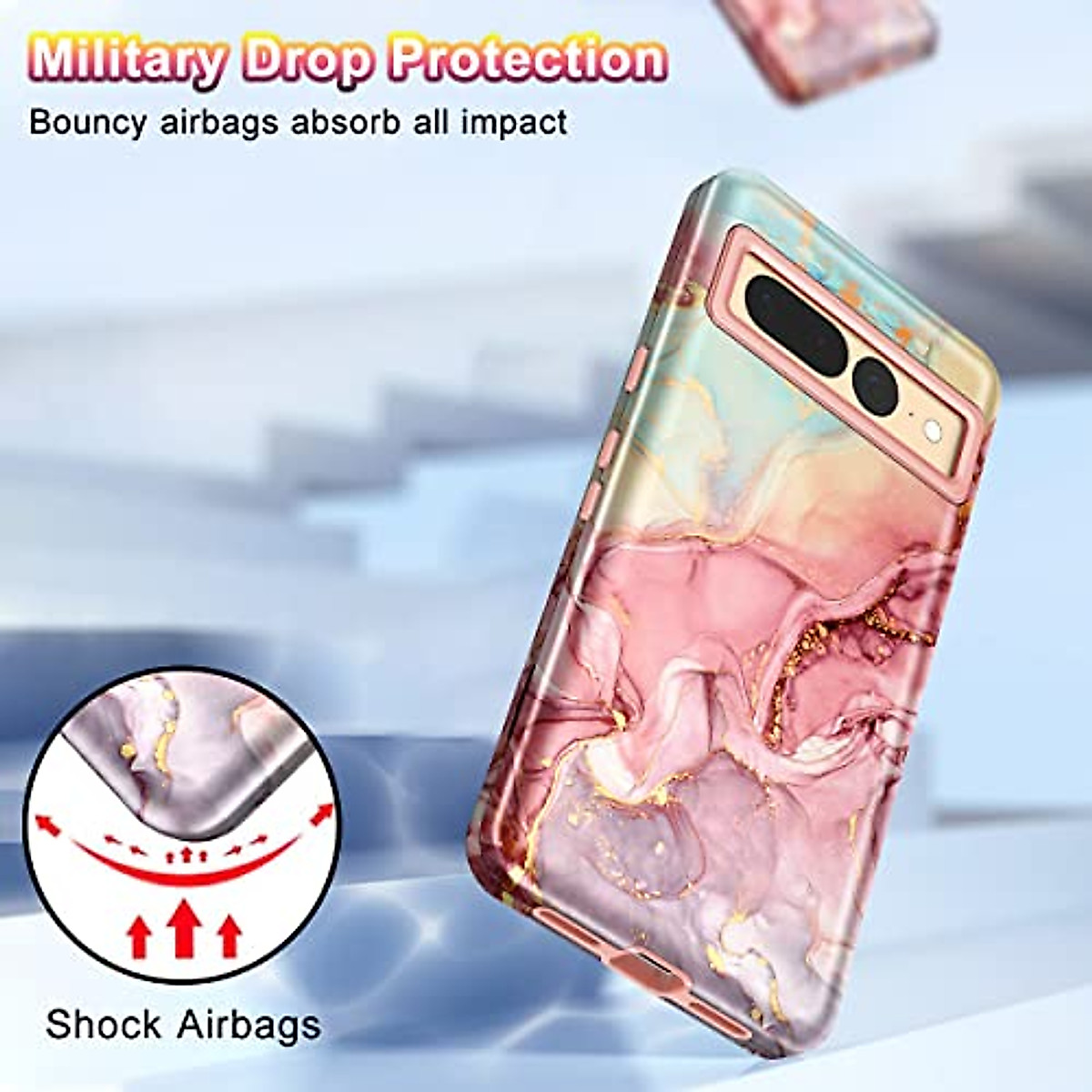 Btscase Case, Marble Pattern 3 in 1 Heavy Duty Shockproof Full Body Rugged Hard PC+Soft Silicone Drop Protective Women Girl Covers for Google Pixel 7 Pro (2022), Rose Gold