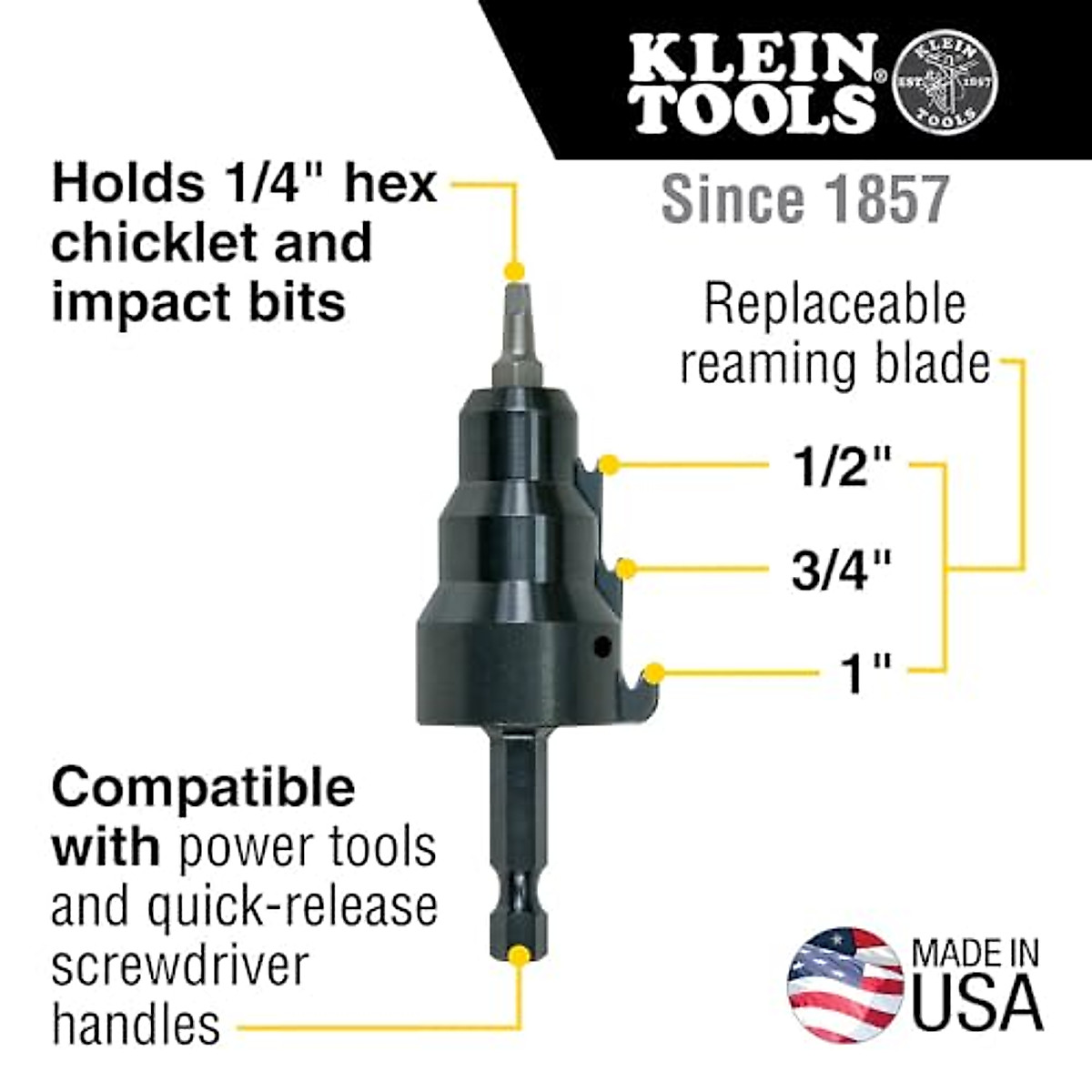 Klein Tools 85091 Power Conduit Reamer with Improved Bit Retention, 1/2-, 3/4- and 1-Inch, Made in USA