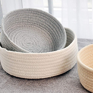 BQEE Cotton Rope Handmade Woven Home Storage Household Candy Toys Storage Basket Sundries Collection Box Candy Snack Food Tray SML Pack of 3 (Round, Grey)