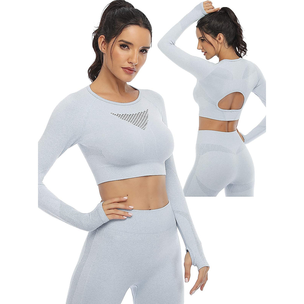 JOLLMONO Workout Sets for Women 2 Piece Yoga Gym Outfits Seamless Ribbed Leggings with Long Sleeve Tops(8003S-Ice grey)