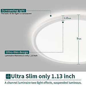 Glowall 9" White Led Ceiling Light Fixture, Ultra Thin Flush Mount, 5000K Daylight, 2250 Lumen, Modern, Round, for Kitchen, Bedroom, Hallway, Laundry, Bathroom, Garage (White, 1Pack)