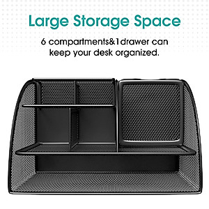 MaxGear Mesh Desk Organizer Office Desktop Organizer with Drawer, Metal Stationary Organizer Black Desk Caddy, 6 Compartments, 8.7 x 5.5 x 5 inch, 1 Pack