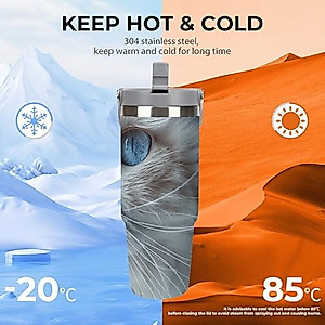 30oz Stainless Steel Insulated Tumbler with Flip Lid & Straw, Leakproof Travel Mug for Car, Blue Eyes Cat Double Wall Vacuum Thermal Coffee Cup with Handle, Spill-Proof Design for Hot/Cold Drinks