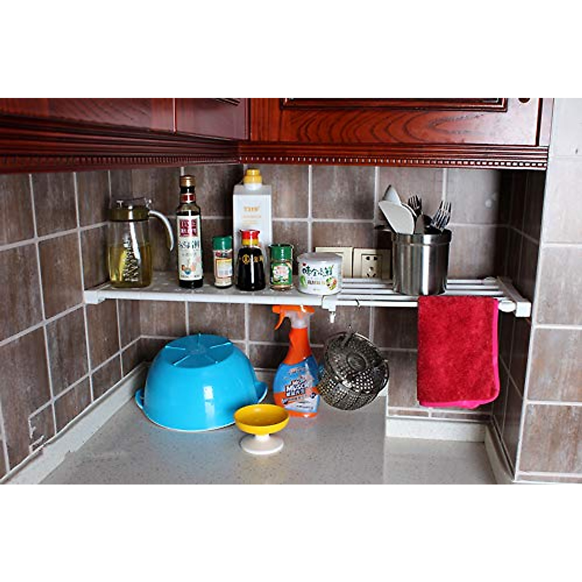 Ifever Adjustable Closet Tension Rod Shelf Expandable Organizer Divider Separator for Cabinet Wardrobe Cupboard Kitchen Bathroom (Beige, 11-15 Inch)