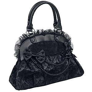 Lost Queen Reinvention Victorian Gothic Handbag Flocked Skulls with Bows and Lace Bag Women's 15" Purse