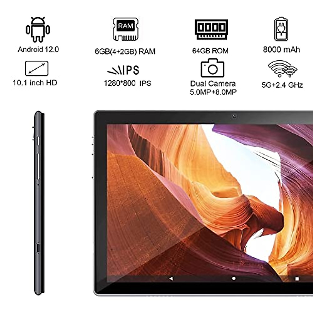 Android Tablet 10 inch, Android 12 Tablet, 6GB RAM 64GB ROM, 512GB Expand Android Tablet with Dual Camera, 5G & 2.4G WiFi, Bluetooth, 8000mAh, HD Touch Screen, Google GMS Certified