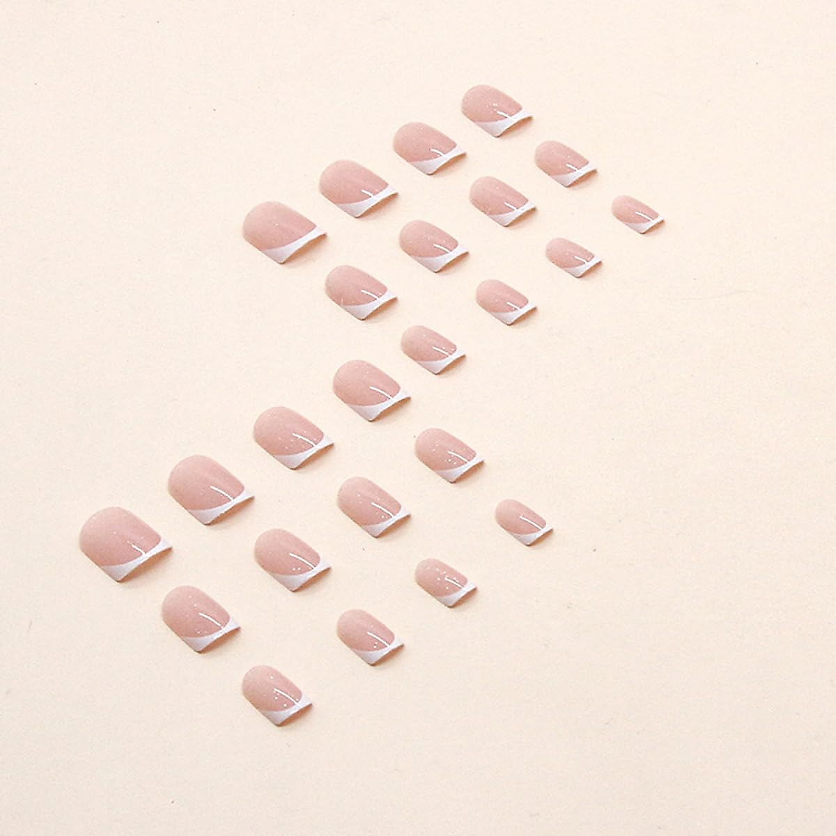 BFY French Press on Nails Short Square Fake Nails, Classic White French Tip Acrylic Nails, Glitter Nude Glossy Gel False Nails Kits Salon Quality Stick Glue on Nails Tip 24 Pcs