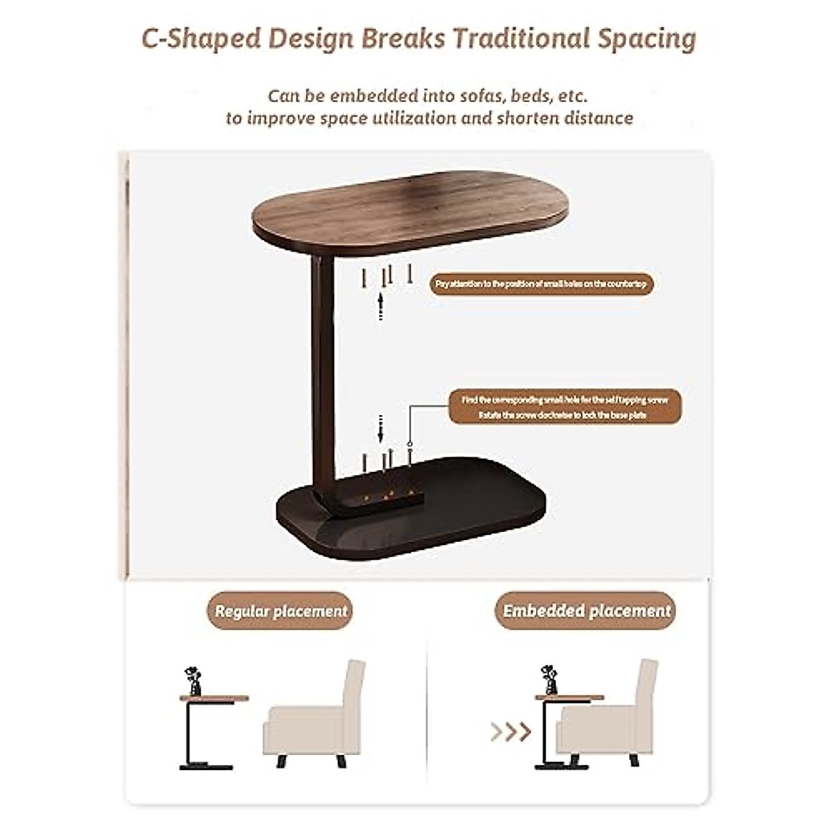 Sofa and Bed Side Table, C Shaped End table Small Coffee Table for Small Spaces, Small Side Table Bedroom Bedside Table, Living Room Wood Couch Tables that Slide Under, 18”L x 12”W (brown+black)