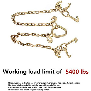 munirater 5/16in 3 FT 5400LBS Tow Chain Grade 70 V - Bridle Chain with RJT Cluster Hooks Replacement for Tow Truck Winch Cable Pull Wrecker Recovery Grab