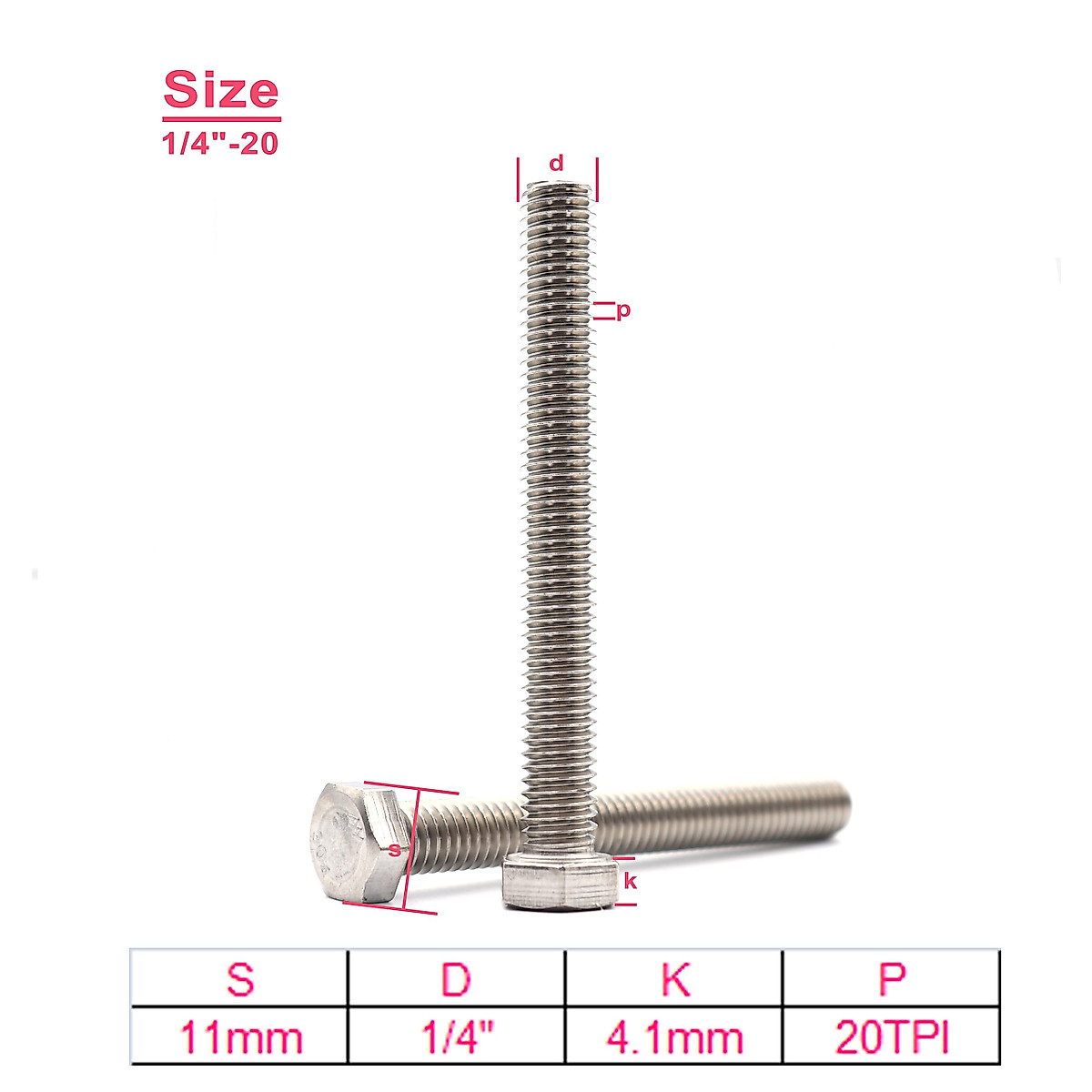 cSeao 10pcs 1/4-20 x 6 Hex Head Bolts Screws, Full Thread, Plain Finish, F593C 18-8 304 Stainless Steel