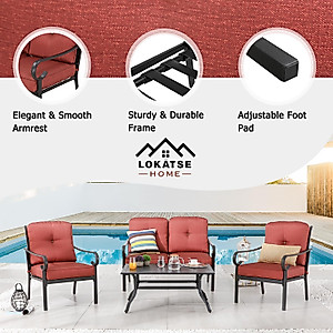 LOKATSE HOME Patio Cushioned Furniture Outdoor Bistro Loveseat, 2 Single Sofa Chairs, 1 Coffee Table, 4 Piece Conversation Set, Red