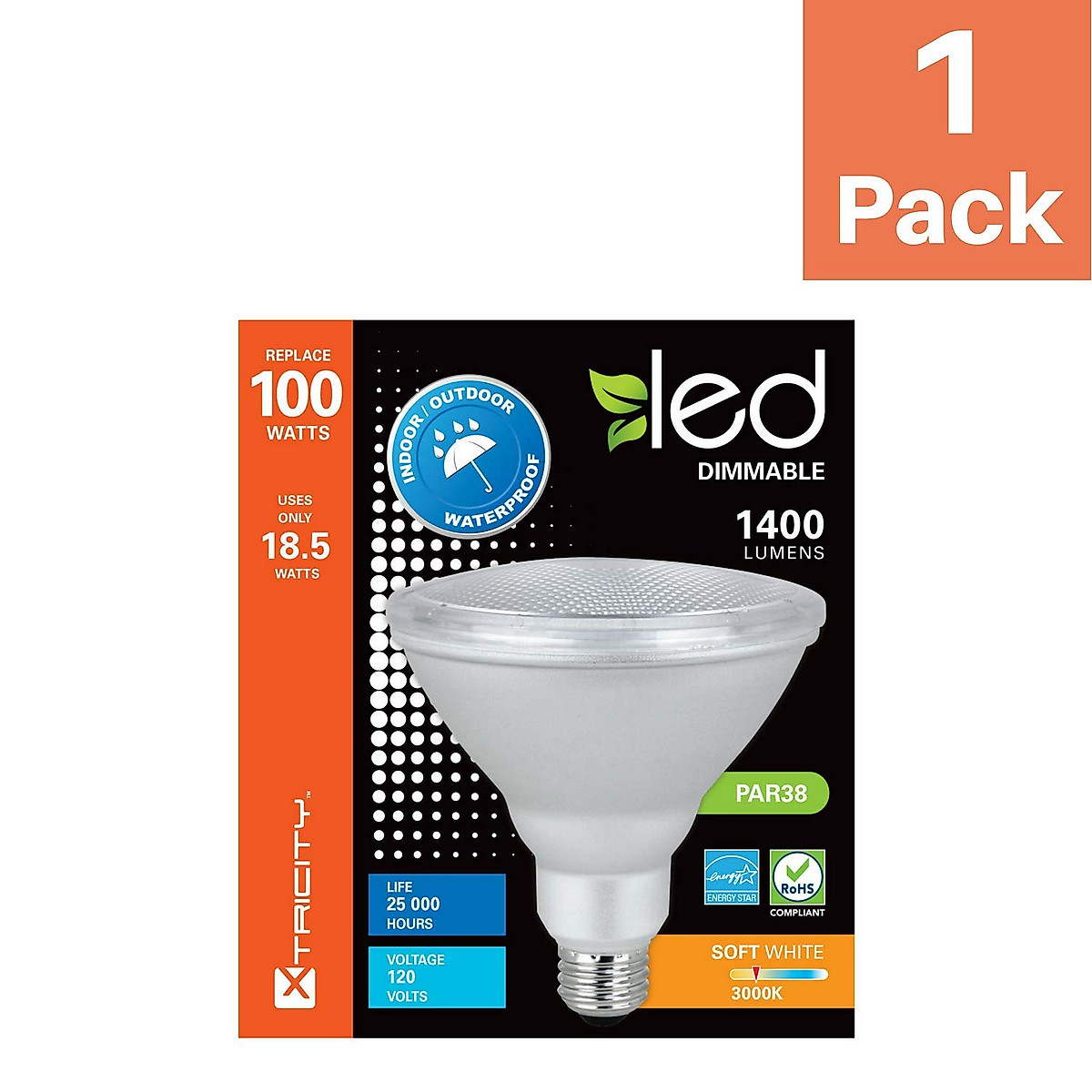 Xtricity PAR38 LED Flood Light Bulb, PAR38 Dimmable LED -18W (120W Equivalent), Waterproof, 1400 Lumens, 3000k Soft White, 120V, Indoor/Outdoor, Energy Star Certified, UL Listed (Pack of 1)