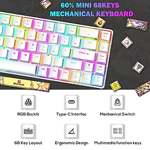 Portable 60% Mechanical Gaming Keyboard 18 Chroma RGB Backlit Ultra-Compact 68 Keys Dye Sublimation PBT Ergonomic Full Keys Anti-ghosting Compatible with PS4,PS5,PC,Gamers,Typist(White/Red Switch)