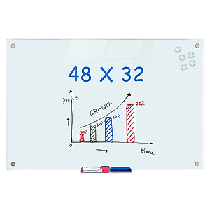 Magnetic Glass Whiteboard, 48"x32" (80x120cm) Frameless Glass Dry Erase Board for Wall Mounted, Large Commercial Glass Board for Office, Classroom & Home
