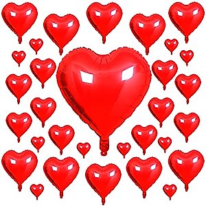 Songjum 31PCS Valentines Day Heart Foil Balloons Red Heart Foil Balloons with 32 Inch Large Red Heart Balloon for Valentines Day Romantic Decorations Engagement Wedding Anniversary Brithday Supplies