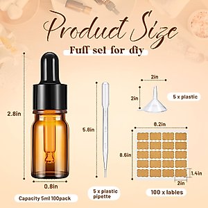 Uiifan 100 Pack 5 ml Amber Glass Dropper Bottles with 5 Plastic 3 ml Long Pipettes, 5 Funnels, 5 Sheets of Labels, Empty Tincture Bottles with Dropper for Essential Oils, Cuticle Oils, Body Oils
