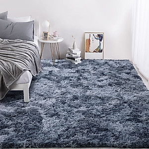 HOMBYS Shaggy Area Rug 9x12 Feet, Ultra Soft Large Plush Faux Fur Carpet, Non-Skid Bedroom Living Room Rug for Kids Playroom Home Decor, Tie Dye Grey