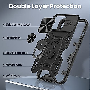 VEGO for iPhone 14 Pro Case, iPhone 14 Pro Kicksand Case with Slide Camera Cover Built-in 360° Rotate Ring Stand Magnetic Shockproof Phone Cover Case for iPhone 14 Pro 6.1 inches 2022 - Black