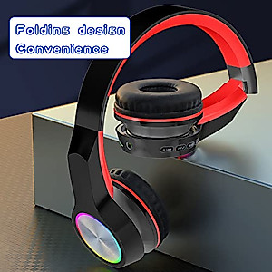 Wireless Headphones Foldable Gaming Headset Bluetooth Earphones Over Ear Headphones Wireless Headset with Deep Bass Built-in Mic Wired Mode On-Ear Gym Headphones (Red)