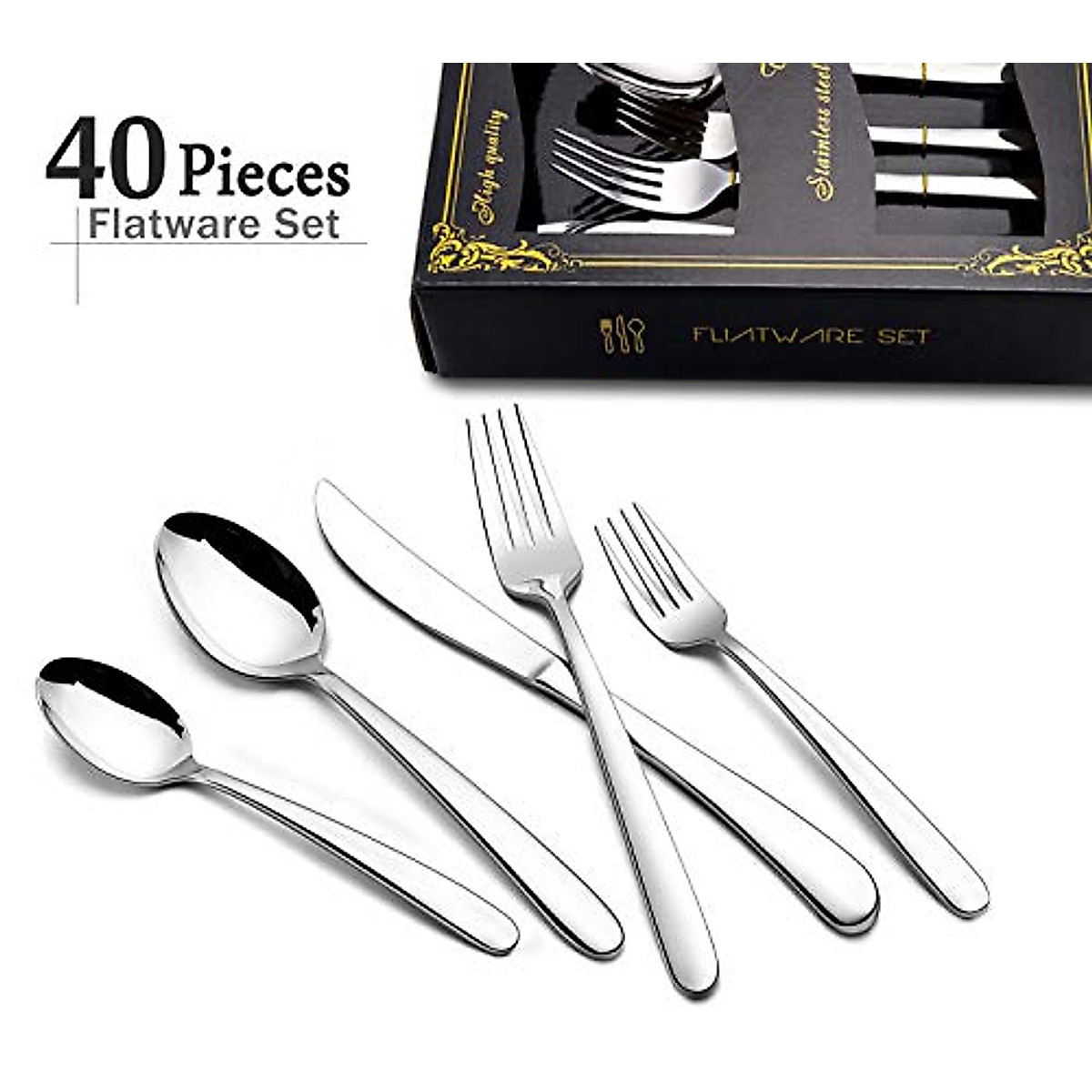 40-Piece Heavy Duty Silverware Set, HaWare Stainless Steel Solid Flatware Cutlery for 8, Modern & Elegant Design for Home/Hotel/Wedding, Mirror Polished and Dishwasher Safe