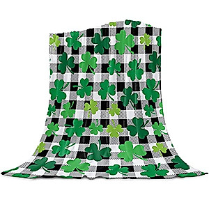 St. Patrick's Day Flannel Blanket,Soft Warm Cozy Flannel Fleece Throw Blanket, Lucky Shamrocks Black White Buffalo Plaid Fleece Blanket,Decorative Throw Blankets for Sofa Couch Bed, 39x49Inch