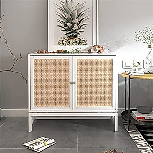 LKTART Mid-Century Natural Rattan Buffet Sideboard Storage Cabinet with 2 Doors 1 Adjustable Inner Shelf Storage Cabinet Console Table for Dining Room Bedroom Kitchen Hallway