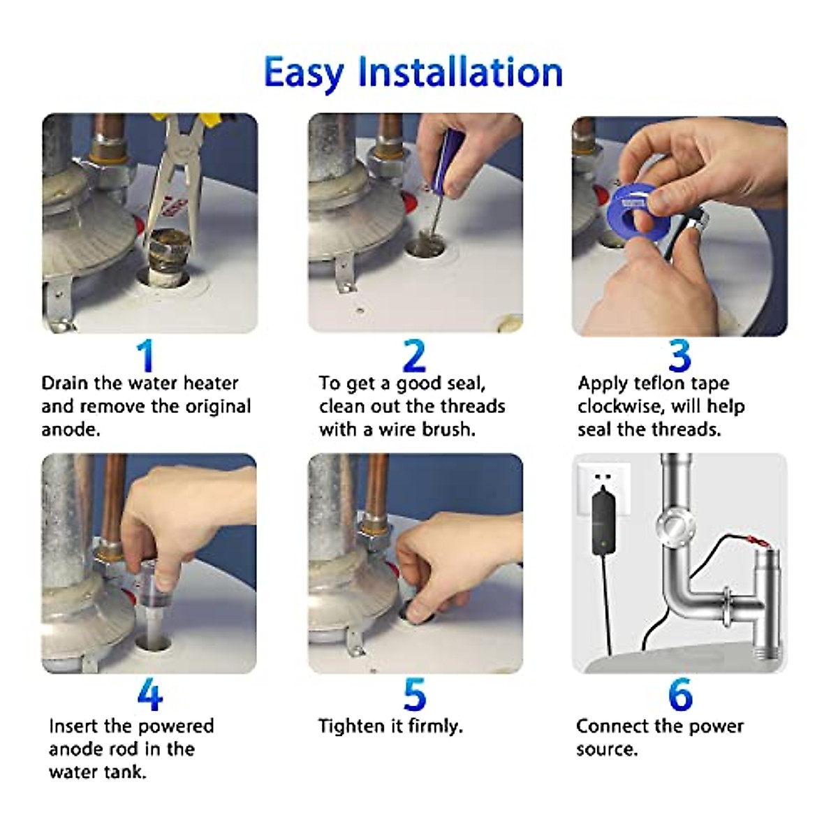 Podoy Powered Anode Rod for Hot Water Heater 30-80 Gallon Water Tank, Universal 9.4" Eliminates Rotten Egg Smell Titanium Electric Anode Rod Replacement with Teflon Tape