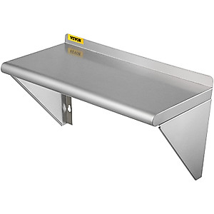 VEVOR Stainless Steel Wall Shelf, Commercial Wall Mount Shelving w/Backsplash and 2 Brackets for Restaurant, Home, Kitchen, Hotel, Laundry Room, Bar