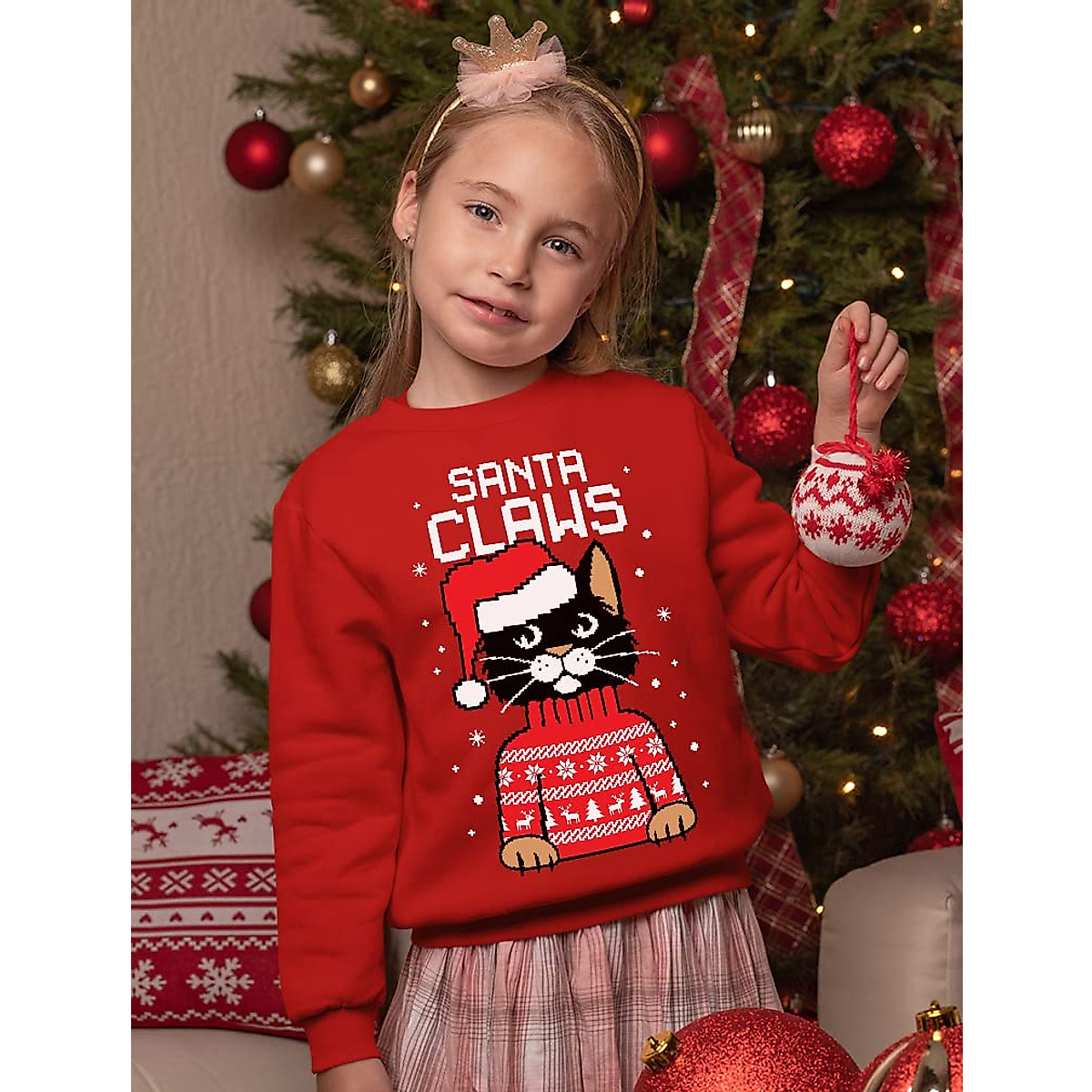 Santa Claws Sweatshirt Toddler Youth Kids Cat Ugly Christmas Sweater Style Medium Red