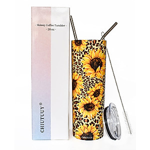 CHIUTUUY 20oz Skinny Tumbler with Lid and Straws, Stainless Steel Vacuum Insulated Double Wall Travel Tumbler Cups for Coffee, Tea, Beverages