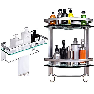 Vdomus Bathroom Tempered Glass Corner Shelf with Towel Bar Wall Mounted, Brushed Silver Finish