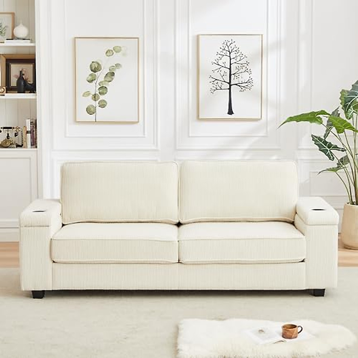 Miscoos 86.5" Deep Seat Loveseat Couch-Corduroy Sofa with Storage Armrests, Oversized Loveseat Couch with Charging Ports, 3 Seater Big Comfy Couch with Cup Holders, I-Shape Couches for Living Room