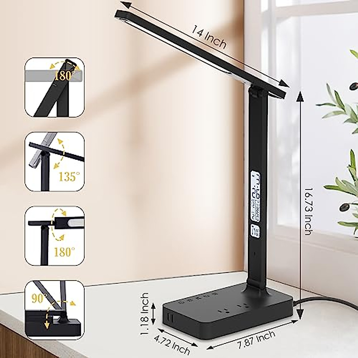 LED Foldable Desk Lamp with 2 USB Charging Port & 2 AC Power Outlets, 5 Color& 5 Brightness.Touch Control Dimmable Office/Home Timer Table Lamps with Clock, Alarm, Date, Temperature, Night light.