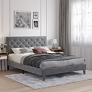 Queen Bed Frame with Headboard, Velvet Upholstered Platform Bed Frame with Adjustable Headboard, Button Tufted Headboard and Modern Riveted Decoration, Wood Slat Support, No Box Spring Needed, Easy Assembly