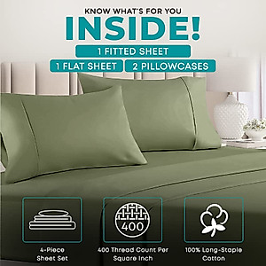 Feather & Stitch King Size Sheet Set, 100% Cotton 400TC Sateen Weave BedSheet Set of 4, Upto 15" Elastic Deep Pocket Soft Bedding Mattress Sheet, Sage