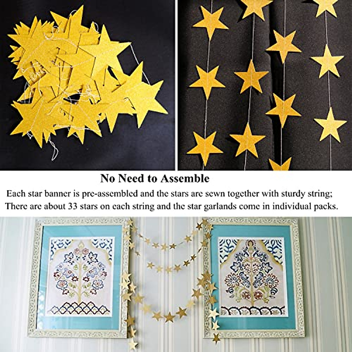 HBTPER 2 Pack Double Sided Gold Glitter Star Garland and 100 Pcs Gold Glitter Stars Confetti for Christmas Decor, Wedding Party Decor,Table Decor, Birthday Party or Gold Baby Shower Decorations